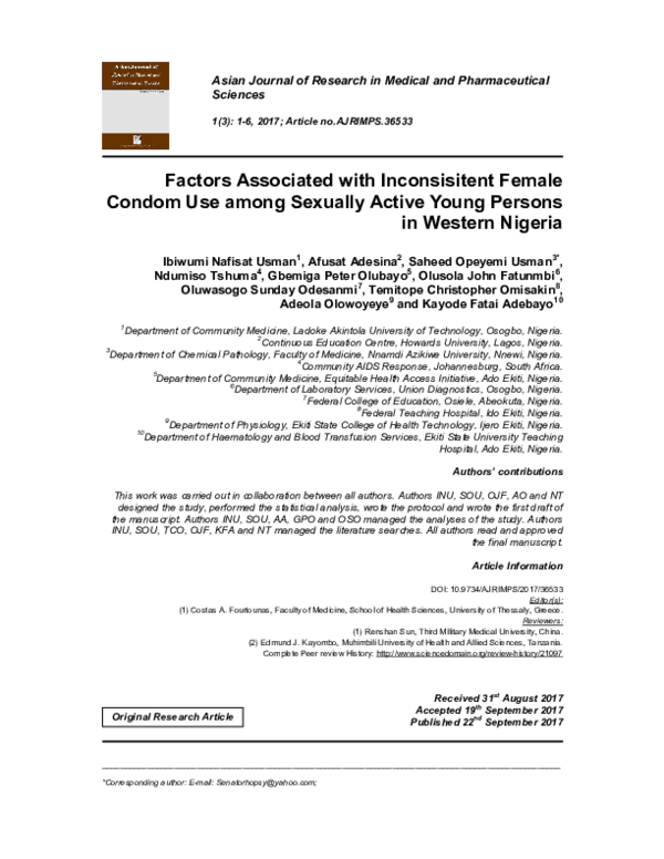 (PDF) Factors Associated with Inconsisitent Female Condom Use among Sexually Active Young ...