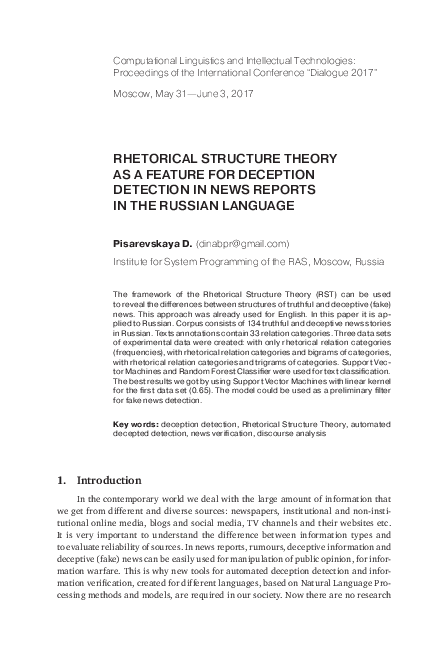 Pdf Rhetorical Structure Theory As A Feature For Deception Detection In News Reports In The