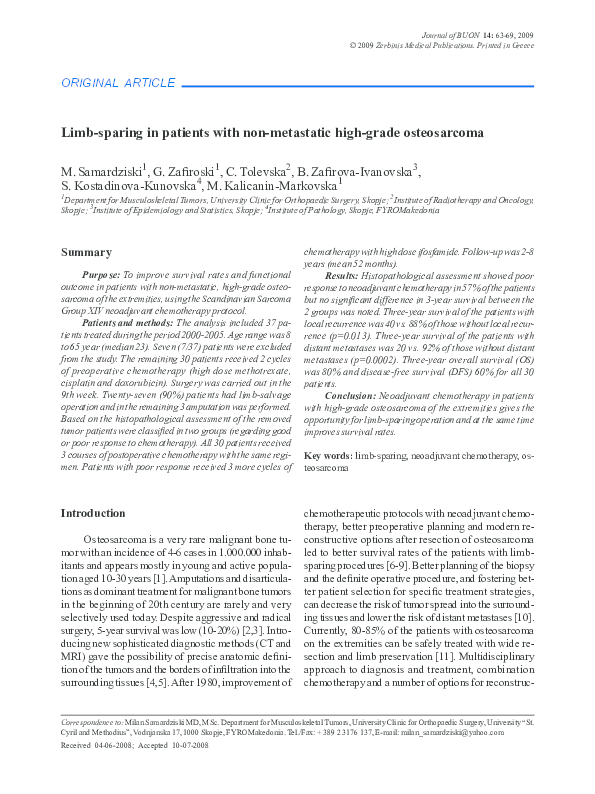 (PDF) Limb-sparing in patients with non-metastatic high-grade osteosarcoma