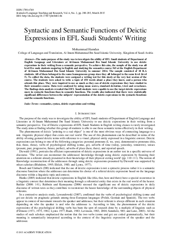 Pdf Syntactic And Semantic Functions Of Deictic Expressions In Efl