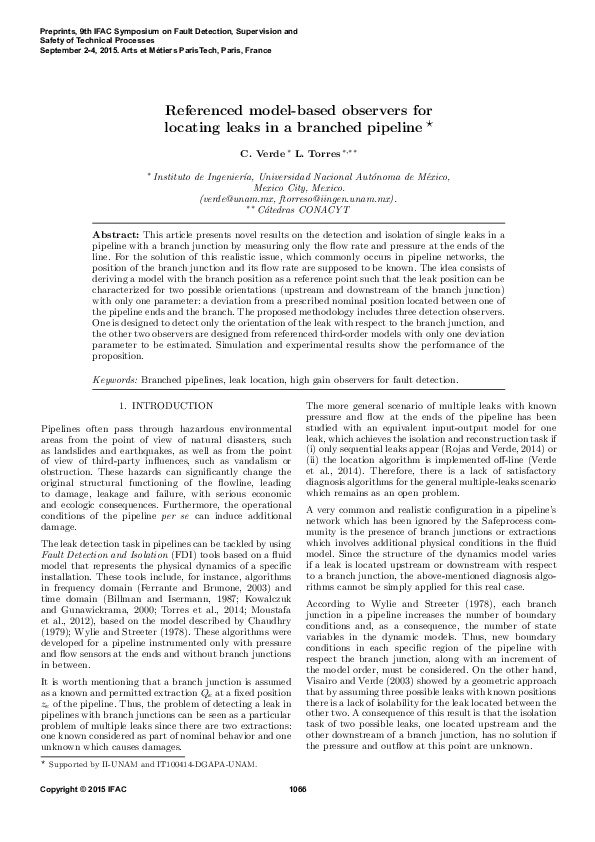 Pdf Referenced Model Based Observers For Locating Leaks In A Branched Pipeline