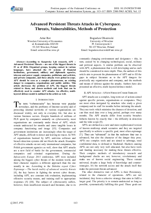 (PDF) Advanced Persistent Threats Attacks in Cyberspace. Threats ...