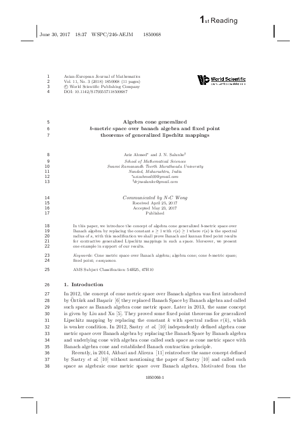 Pdf Algebra Cone Generalized B Metric Space Over Banach Algebra And Fixed Point 6 Theorems Of