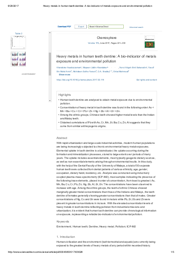 (PDF) Heavy metals in human teeth dentine: A bio-indicator of metals ...
