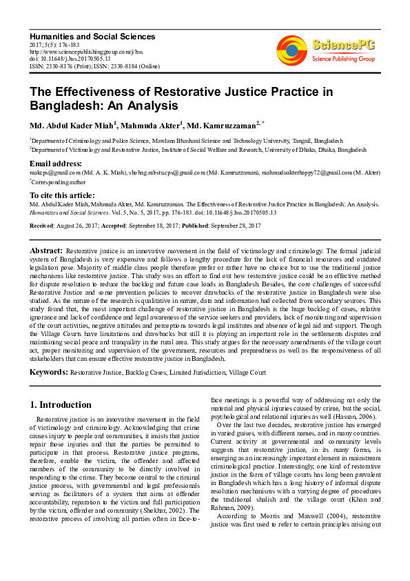 (PDF) The Effectiveness of Restorative Justice Practice in Bangladesh: An Analysis
