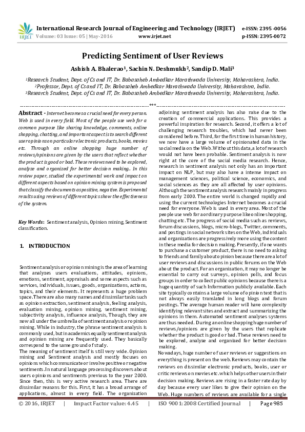 Pdf Predicting Sentiment Of User Reviews