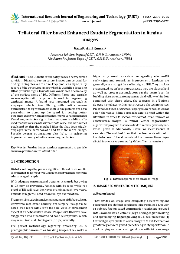 Pdf Trilateral Filter Based Enhanced Exudate Segmentation In Fundus Images