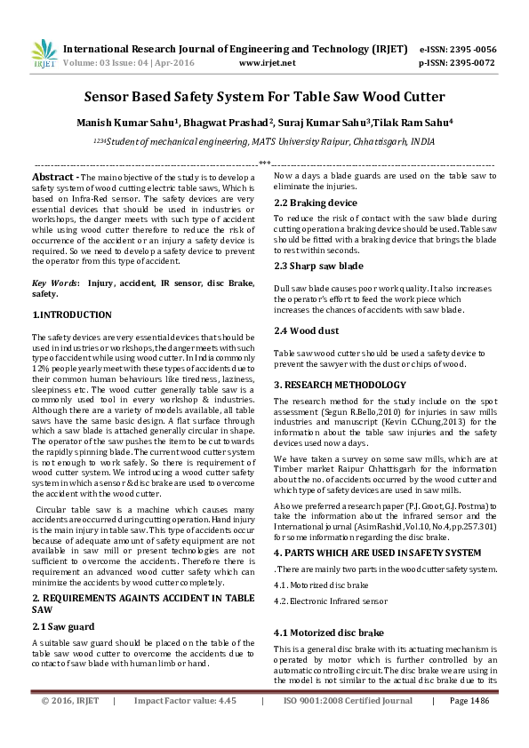 (PDF) Sensor Based Safety System For Table Saw Wood Cutter