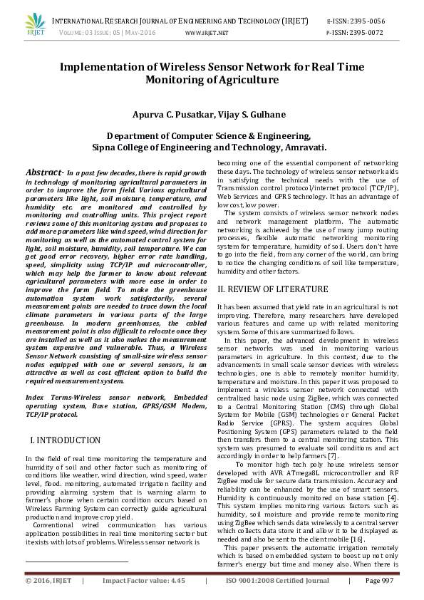 Pdf Implementation Of Wireless Sensor Network For Real Time Monitoring Of Agriculture