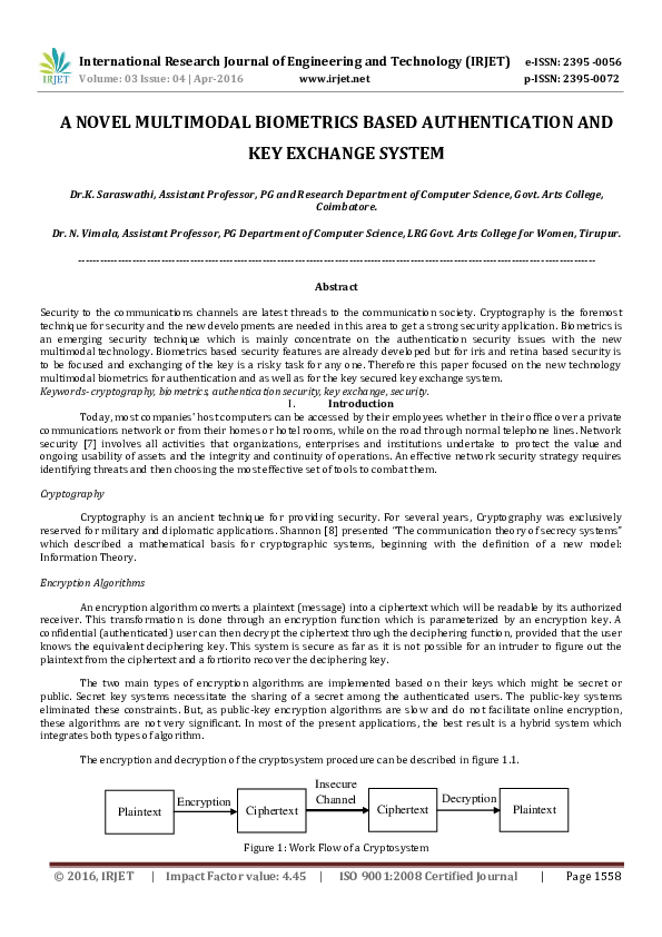 (PDF) A NOVEL MULTIMODAL BIOMETRICS BASED AUTHENTICATION AND KEY EXCHANGE SYSTEM