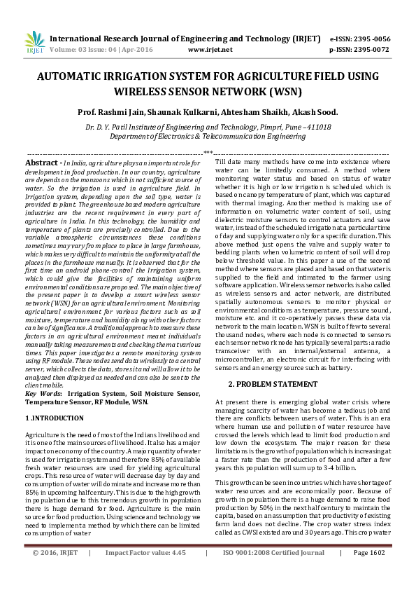 (PDF) AUTOMATIC IRRIGATION SYSTEM FOR AGRICULTURE FIELD USING WIRELESS SENSOR NETWORK (WSN
