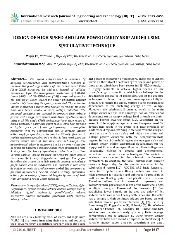 (PDF) Design of High Speed and Low Power Carry Skip adder using Speculative Technique