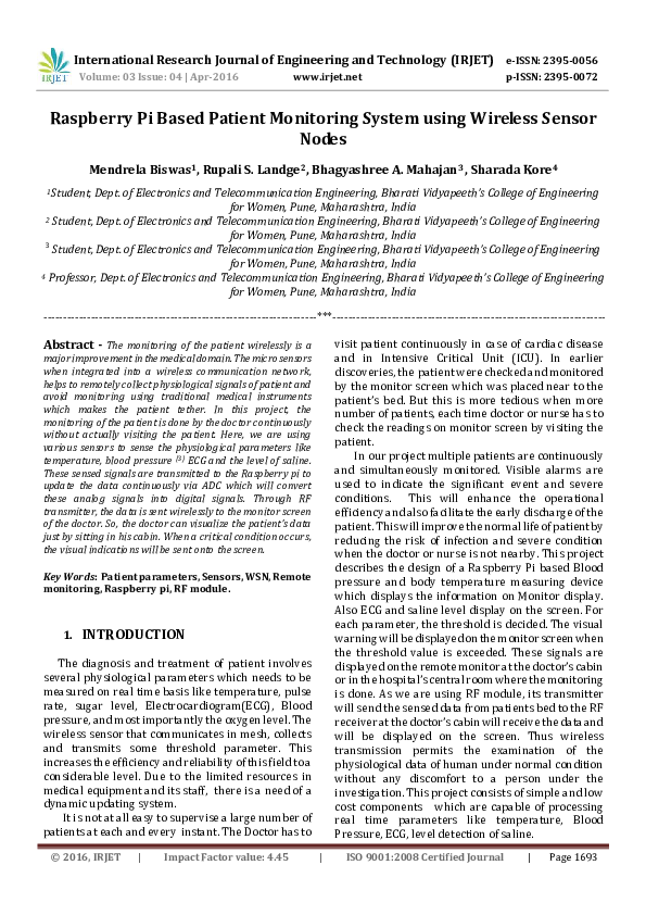 (PDF) Raspberry Pi Based Patient Monitoring System using Wireless Sensor Nodes