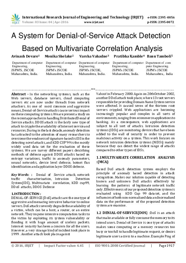 Pdf A System For Denial Of Service Attack Detection Based On Multivariate Correlation Analysis