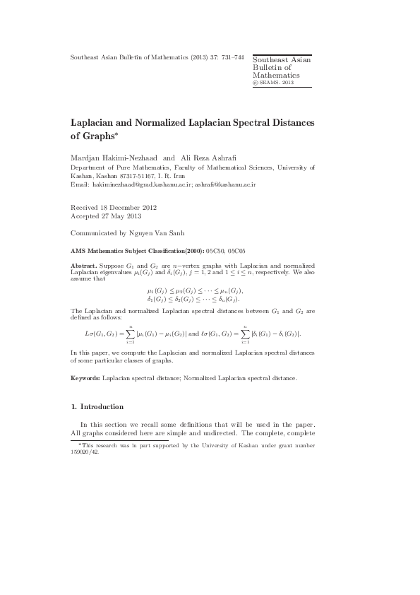 (PDF) Laplacian and Normalized Laplacian Spectral Distances of Graphs (PDF) Laplacian and Normalized Laplacian Spectral Distances of Graphs