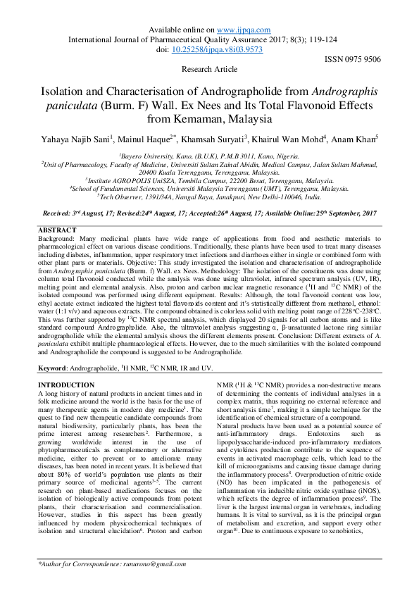 Pdf Isolation And Characterisation Of Andrographolide From Andrographis Paniculata Burm F