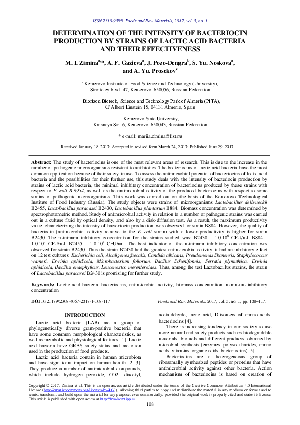 Pdf Determination Of The Intensity Of Bacteriocin Production By Strains Of Lactic Acid