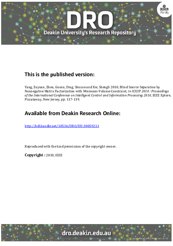 Pdf Blind Source Separation By Nonnegative Matrix Factorization With Minimum Volume Constraint
