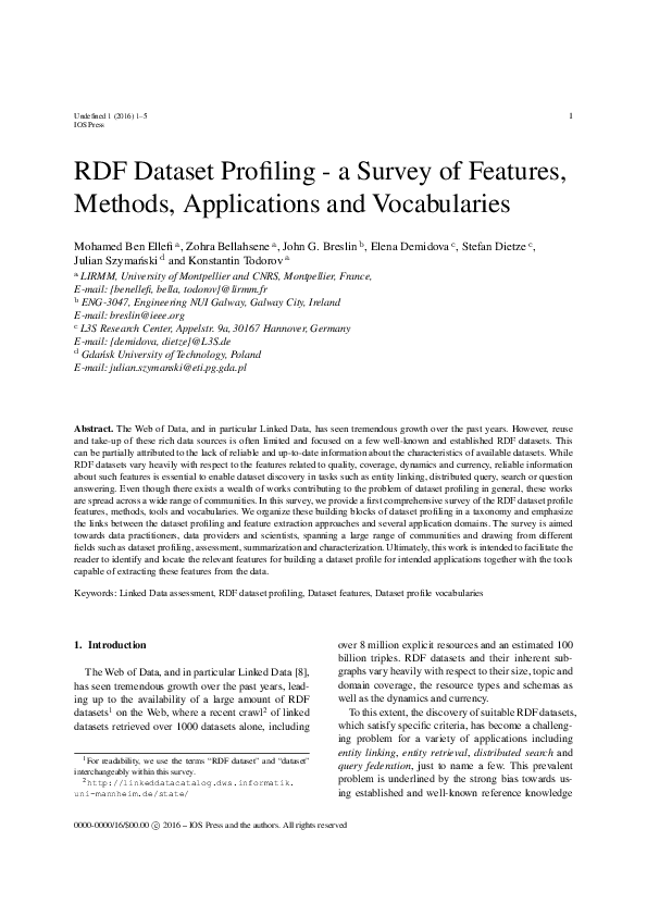 (PDF) RDF Dataset Profiling -a Survey of Features, Methods, Applications and Vocabularies