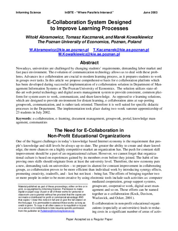 (PDF) E-Collaboration system designed to improve learning processes