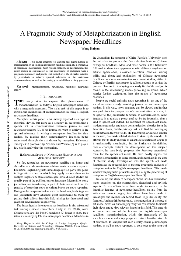(PDF) A Pragmatic Study of Metaphorization in English Newspaper Headlines