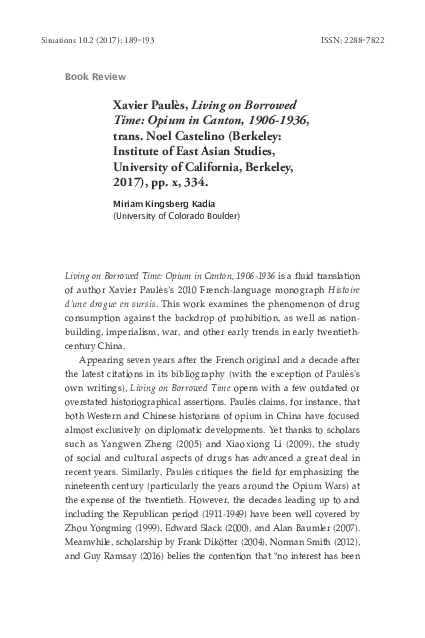 (PDF) Book Review of Xavier Paulès, Living on Borrowed Time: Opium in ...