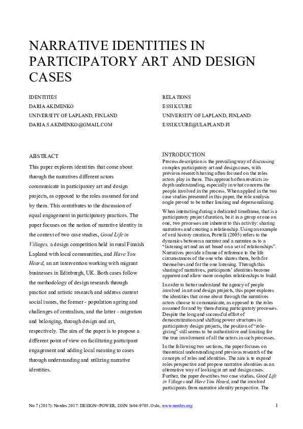 (PDF) NARRATIVE IDENTITIES IN PARTICIPATORY ART AND DESIGN CASES