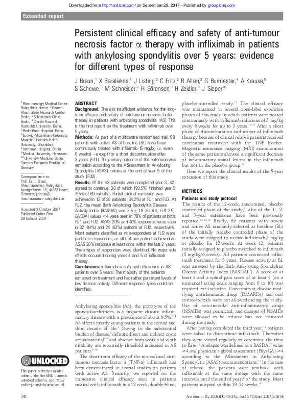 (PDF) Persistent clinical efficacy and safety of anti-tumour necrosis factor therapy with ...