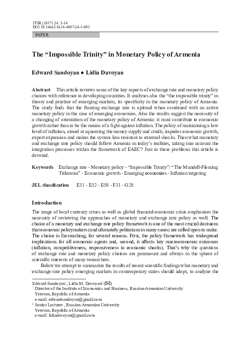 (PDF) The " Impossible Trinity " in Monetary Policy of Armenia