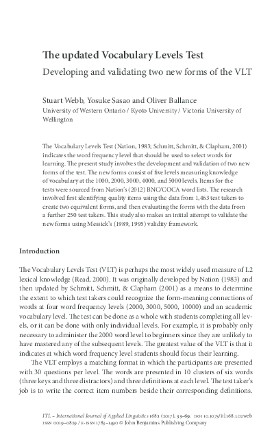 (PDF) The updated Vocabulary Levels Test Developing and validating two ...