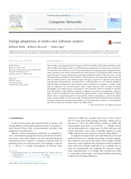 (PDF) Energy adaptation in multi-core software routers | Paolo Lago ...