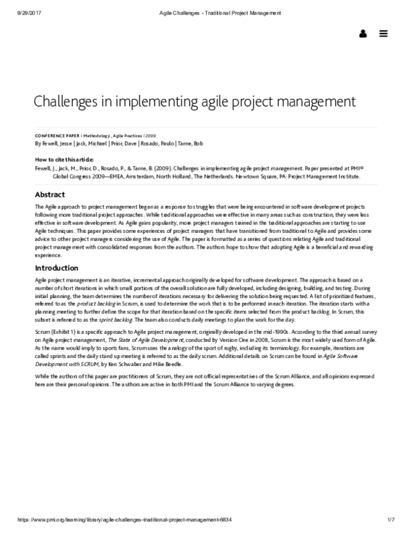 (PDF) Challenges in implementing agile project management