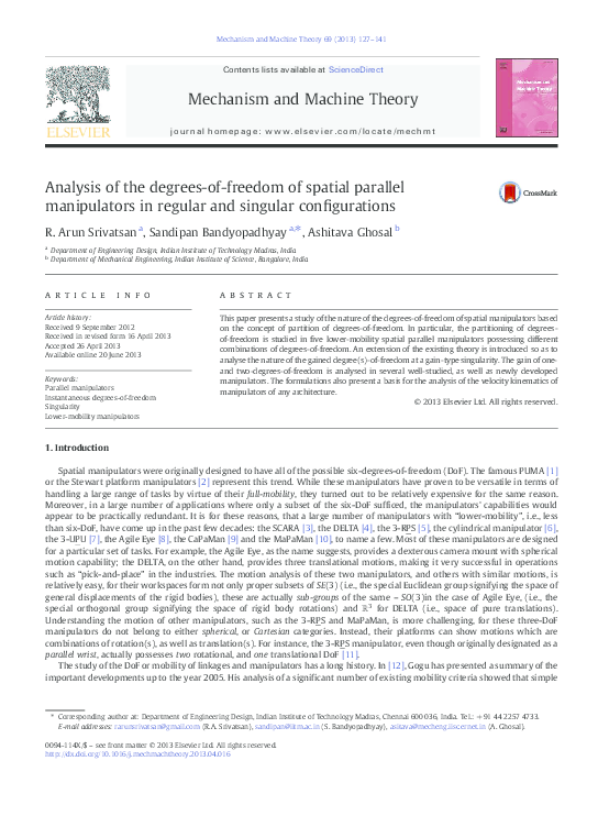 (PDF) Analysis of the degrees-of-freedom of spatial parallel manipulators in regular and ...