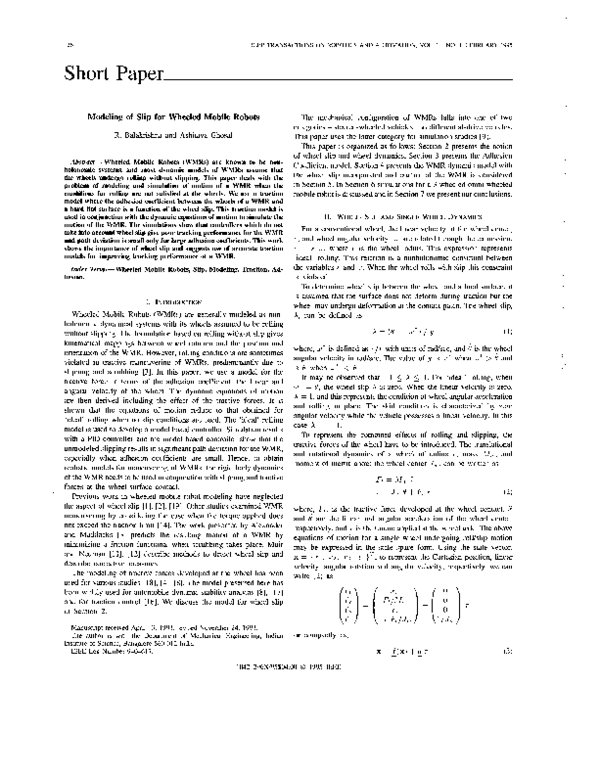 Pdf Modeling Of Slip For Wheeled Mobile Robots