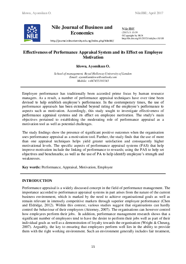 Pdf Effectiveness Of Performance Appraisal System And Its Effect On Employee Motivation