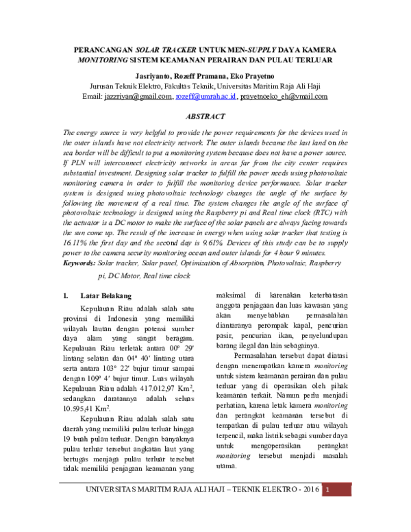 Pdf Perancangan Solar Tracker Untuk Men Supply Daya Kamera Monitoring