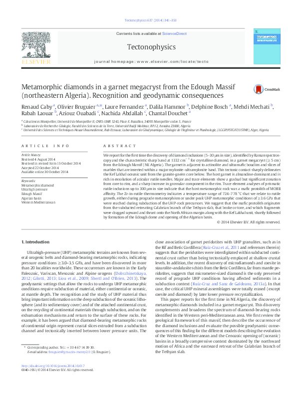 (PDF) Metamorphic diamonds in a garnet megacryst from the Edough Massif ...