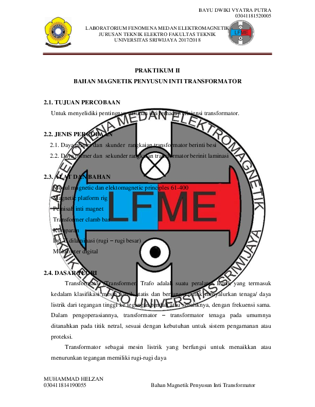 (DOC) LAPORAN PRAKTIKUM BAHAN MAGNETIK PENYUSUN INTI TRANSFORMATOR