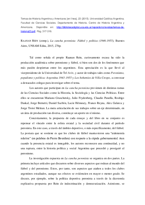 Pdf Reseña De Raanan Rein Comp La Cancha Peronista Futbol Y