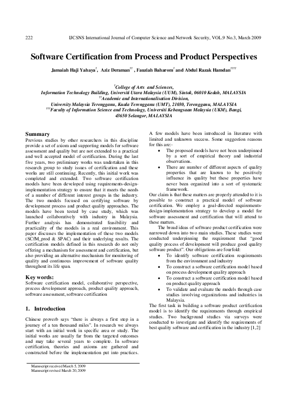 (PDF) Software Certification from Process and Product Perspectives