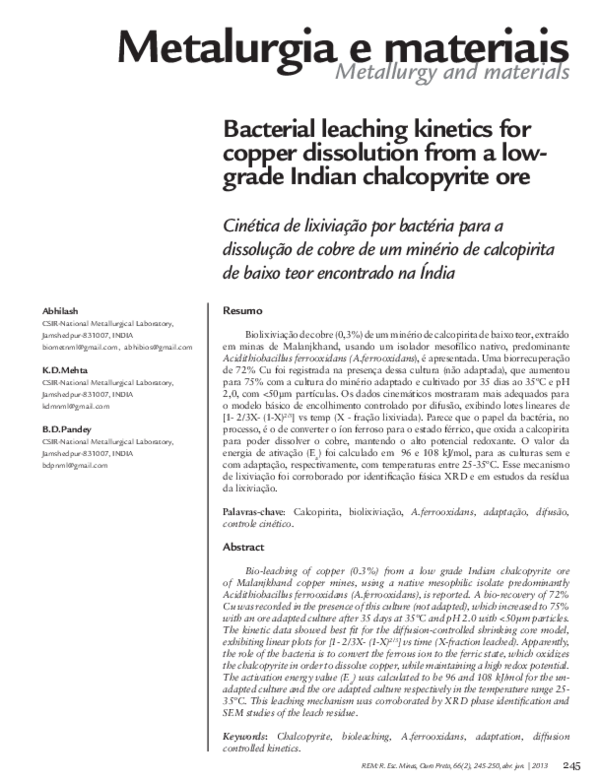 (PDF) Bacterial leaching kinetics for copper dissolution from a low ...