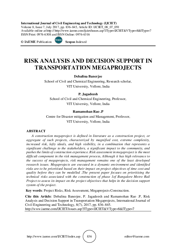 (PDF) RISK ANALYSIS AND DECISION SUPPORT IN TRANSPORTATION MEGAPROJECTS