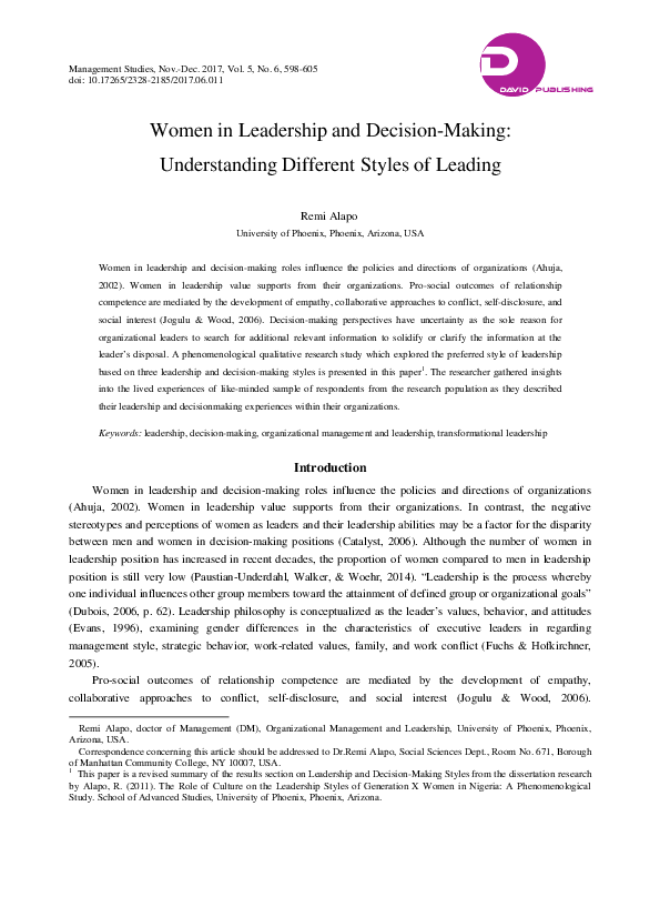 (PDF) Women in Leadership and Decision-Making: Understanding Different ...