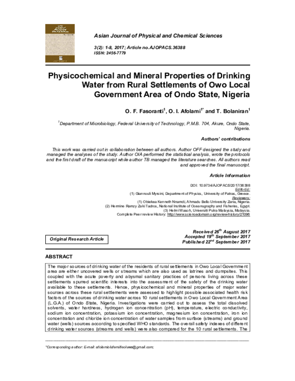 (PDF) Physicochemical and Mineral Properties of Drinking Water from ...