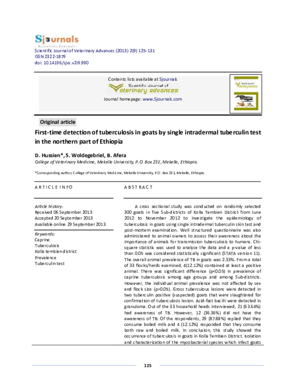 (PDF) First-time detection of tuberculosis in goats by single ...
