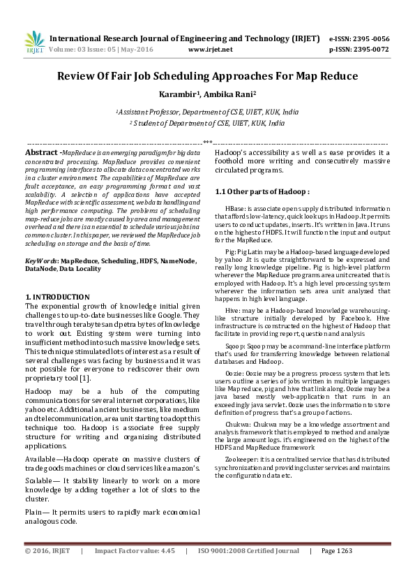 (PDF) Review Of Fair Job Scheduling Approaches For Map Reduce