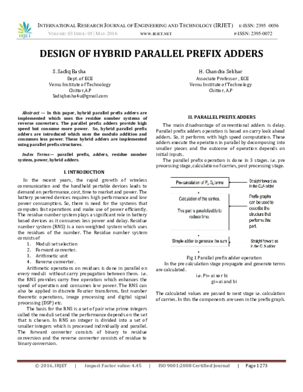 (PDF) DESIGN OF HYBRID PARALLEL PREFIX ADDERS
