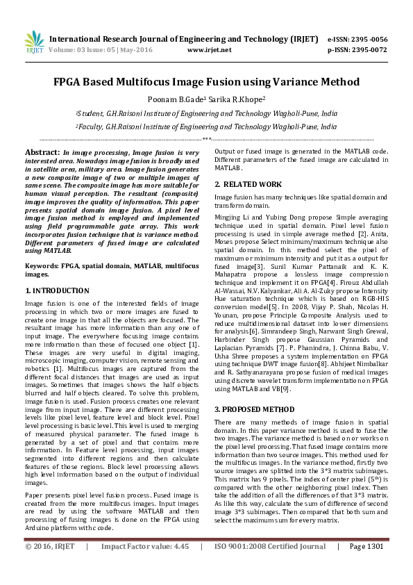 Pdf Fpga Based Multifocus Image Fusion Using Variance Method 7519