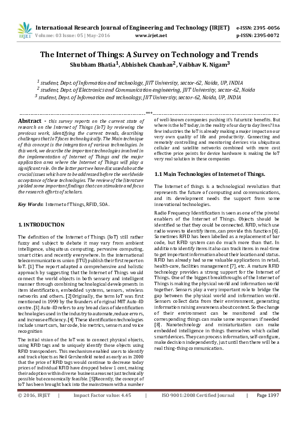 (PDF) The Internet of Things: A Survey on Technology and Trends