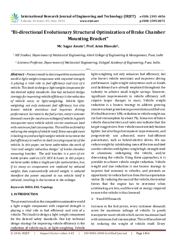(PDF) " Bi-directional Evolutionary Structural Optimization of Brake Chamber Mounting Bracket